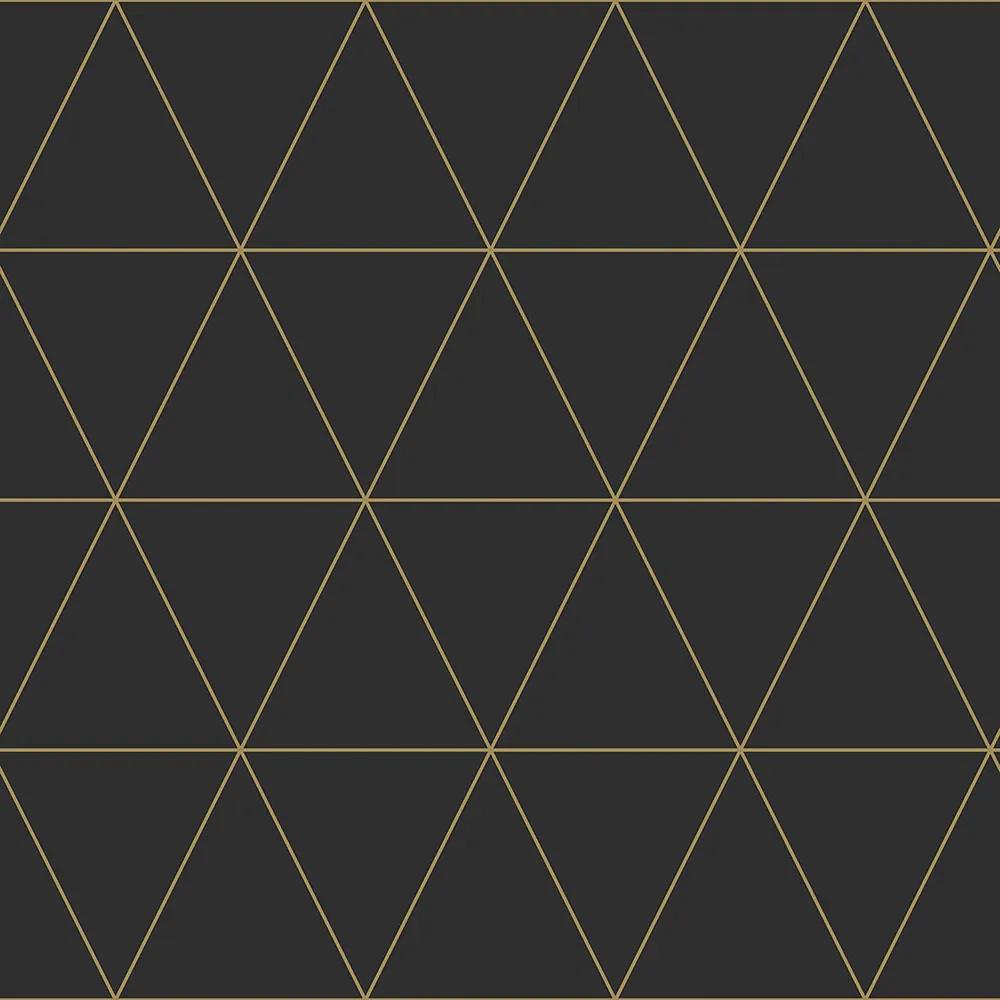 Černá vliesová tapeta, zlaté obrysy trojúhelníků 347684, City Chic, Precious, Origin