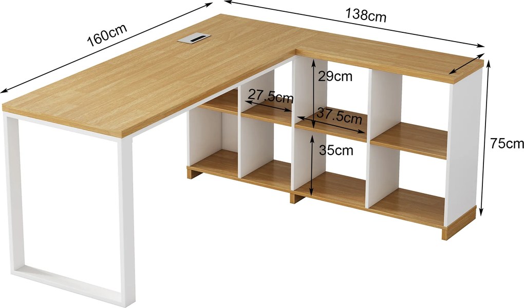Rohový kancelářský stůl s regálem Houseland Nuvia Home 02 160 cm dub/bílý