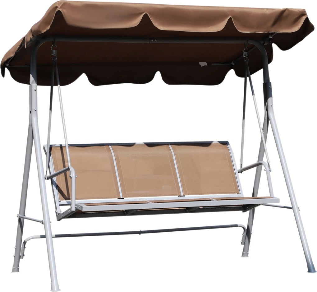 Závěsné křeslo Outsunny pro 3 osoby s nastavitelnou stříškou, prodyšné opěradlo a kovový rám na terasu, balkon, nosnost 240 kg, 171x108x154 cm, hnědé