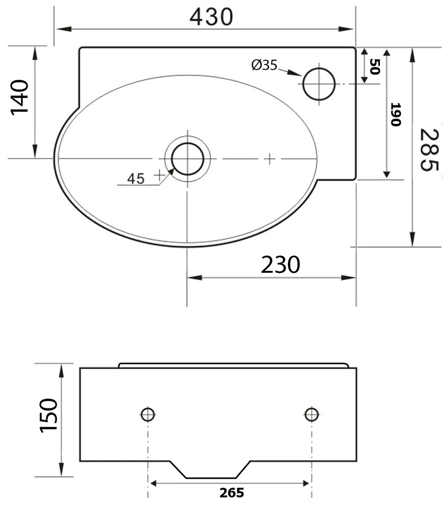 Sapho, RIBERA keramické umyvadlo 43x28,5x15 cm, nástěnné, otvor pro baterii vpravo