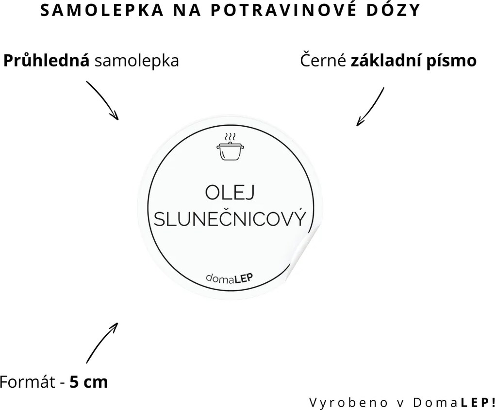 OLEJ SLUNEČNICOVÝ - omyvatelná samolepka na dózu, výběr rozměrů Ø 5 cm / 5 x 5 cm / 6 x 8 cm | DomaLEP tvar: ČTVEREC, barva: PRŮHLEDNÁ - ČERNÉ písmo, velikost: š. 5 cm x v. 5 cm - tučné písmo
