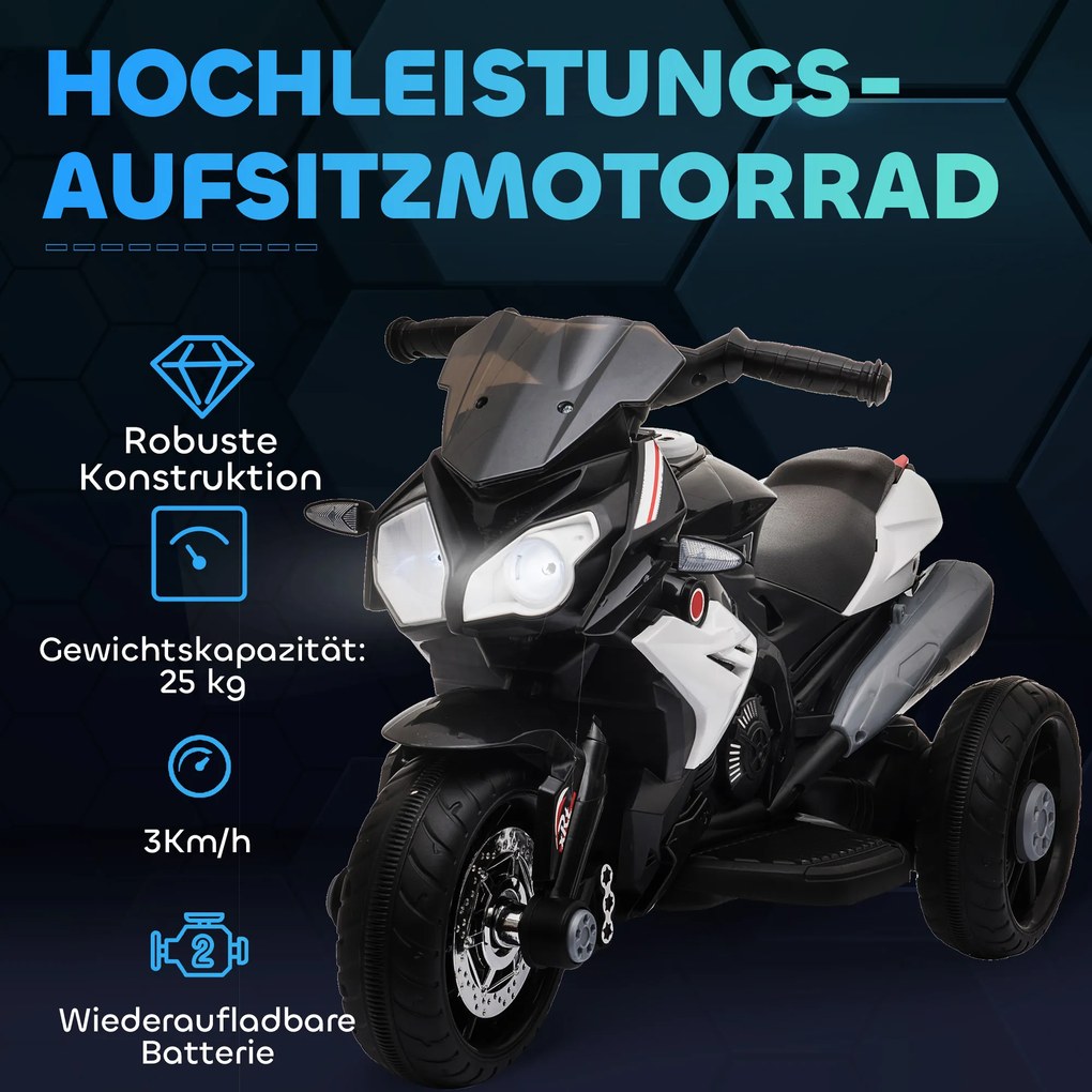 HOMCOM Dětská elektrická tříkolka Trimoto pro děti od 3 let s dobíjecí 6V baterií, hudebním klaksonem a světlomety 86x42x52 cm Černobílá