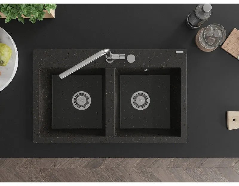 Mexen Hektor, 2-komorový granitový dřez 800x480x205 mm, černá-zlatá metalíza, chromový sifon, 6521802000-75