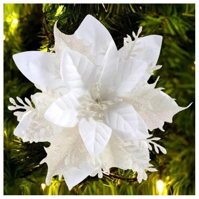 Flamenco Mystique Květina na stromeček s klipem vánoce xxl 14 cm bílý třpyt woz04b
