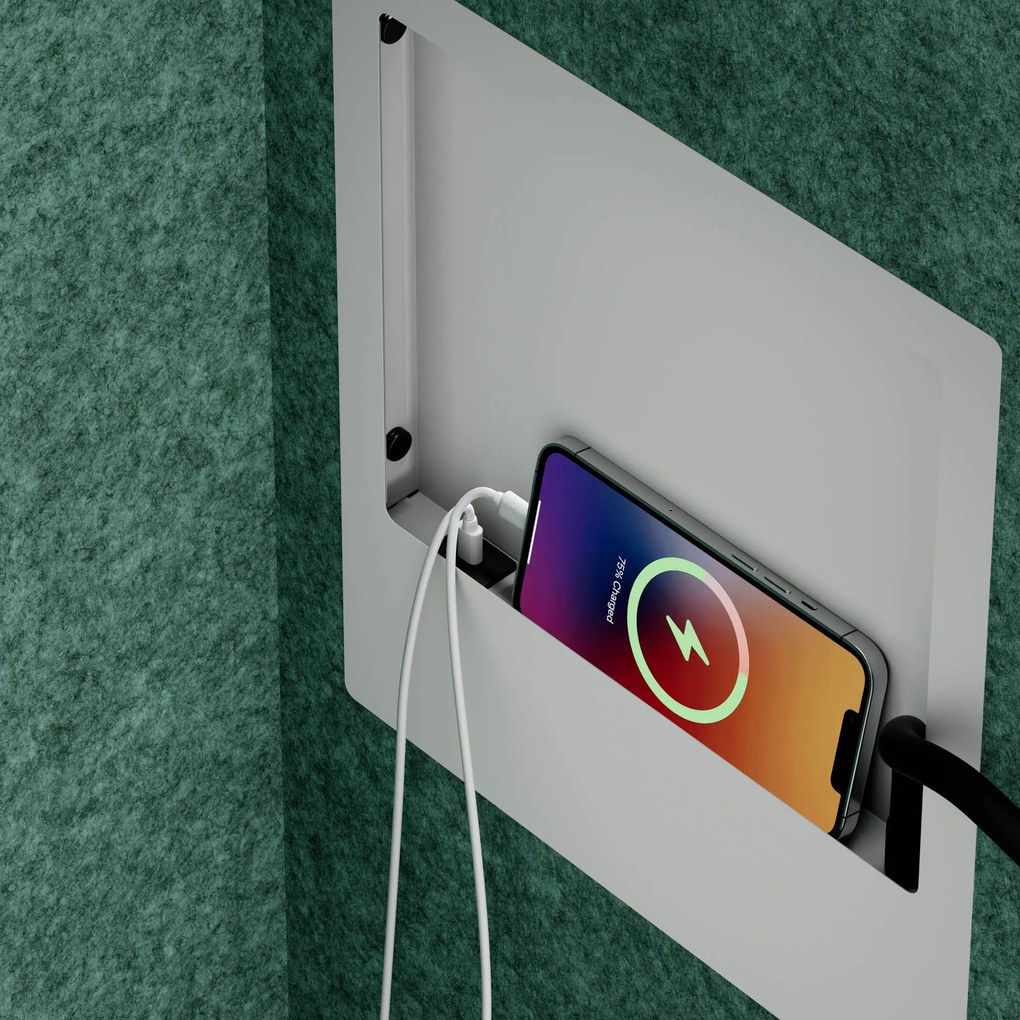 Kancelářská akustická kabina se sedátkem a USB-C portem, korpus šedý / sedák zelený, 1150 mm: SALLY MentalBox