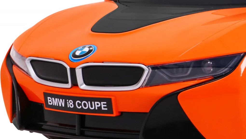 Ramiz Elektrické autíčko BMW i8 Lift oranžové + dálkové ovládání + pomalý rozjezd + 3bodové pásy + MP3 USB + LED