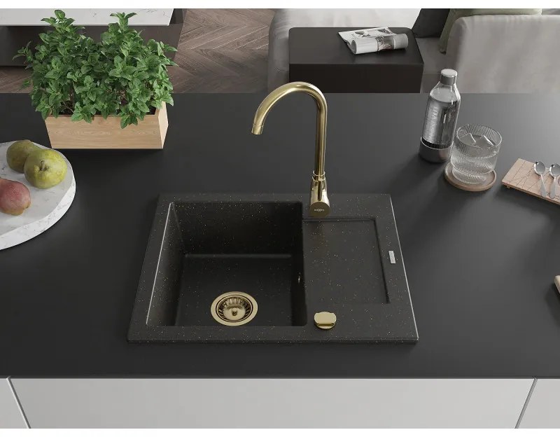 Mexen Enzo, granitový dřez 576x465x174 mm, 1-komorový, černá-zlatá metalíza se zlatým sifonem, 6506571005-75-G