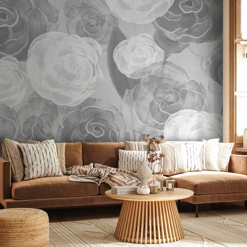 Fototapeta Husté květy - malovaný rostlinný motiv růže v odstínech šedi