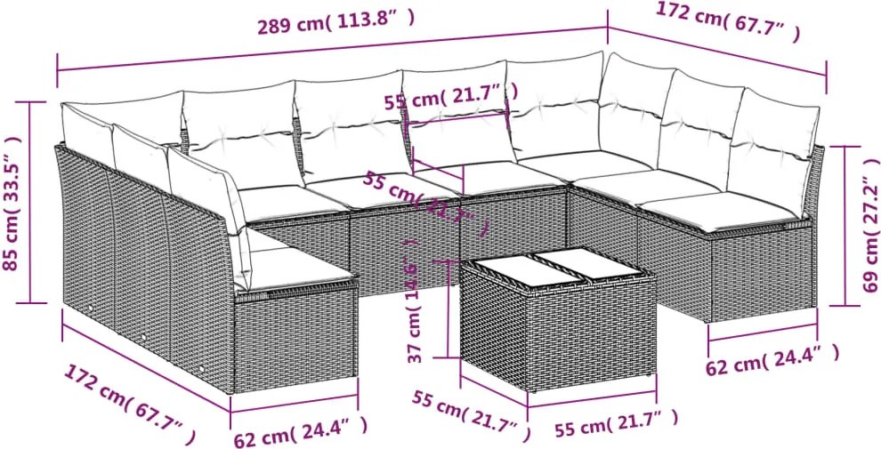 10dílná zahradní sedací souprava podušky světle šedá polyratan 3249921