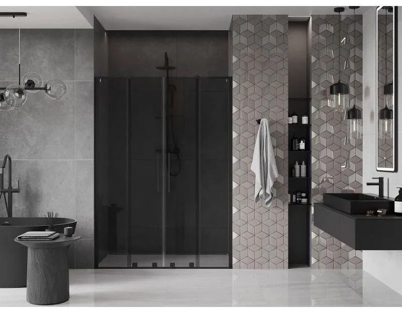 Mexen Velar L Duo, posuvné sprchové dveře do otvoru 160 cm, 8mm šedé sklo, černá matná, 871-160-003-42-70