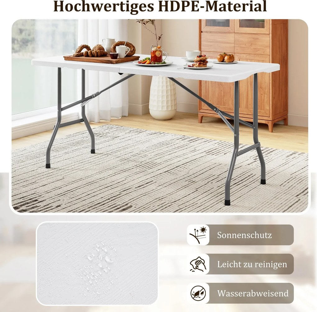 Costway Skládací kempingový stůl s HDPE stolní deskou a rukojetí – 152 × 70 cm