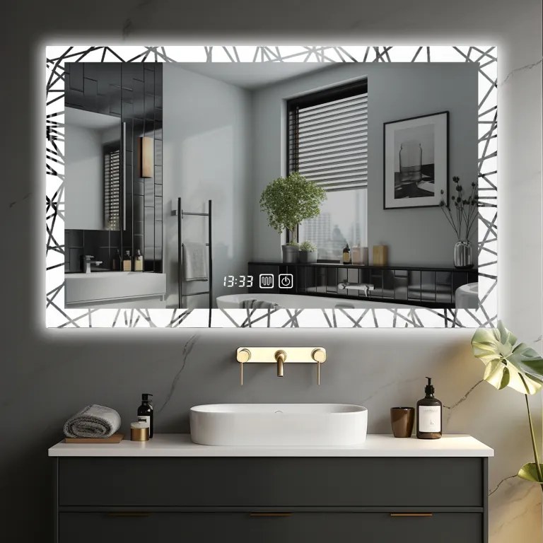LED koupelnové zrcadlo 90 × 70 cm s odmlžováním a hodinami