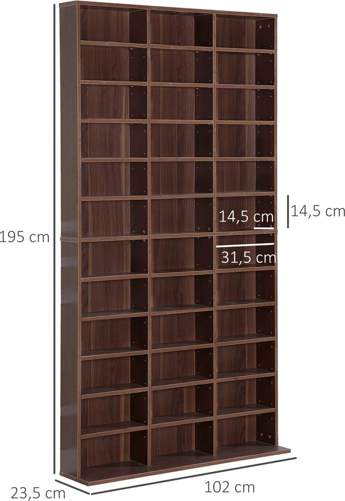 HOMCOM CD/DVD regál pro uložení 1116 CD, 36 výškově nastavitelné přihrádky, 102 x 24 x 195 cm, hnědý