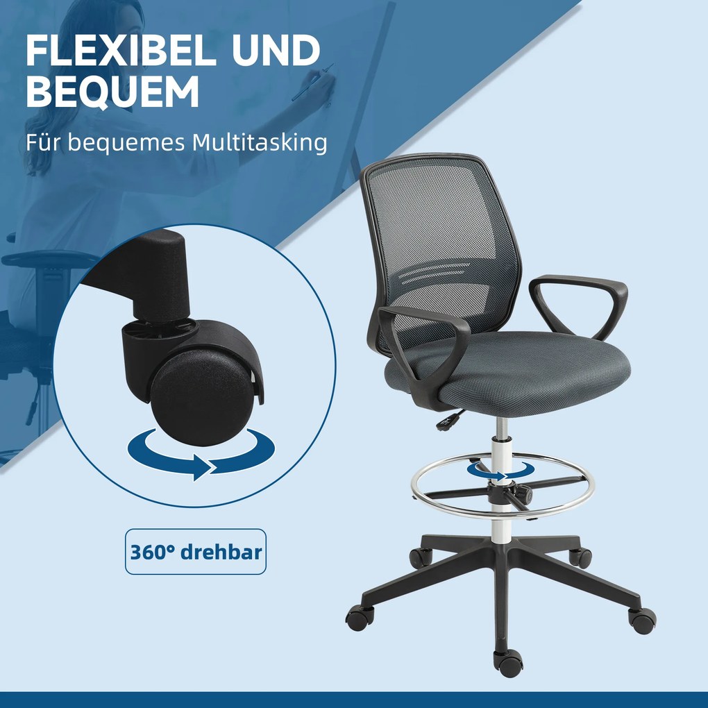 Vinsetto Kancelářská židle ergonomická židle ke stolu s područky a nastavitelným opěrným kroužkem, síťovina šedá