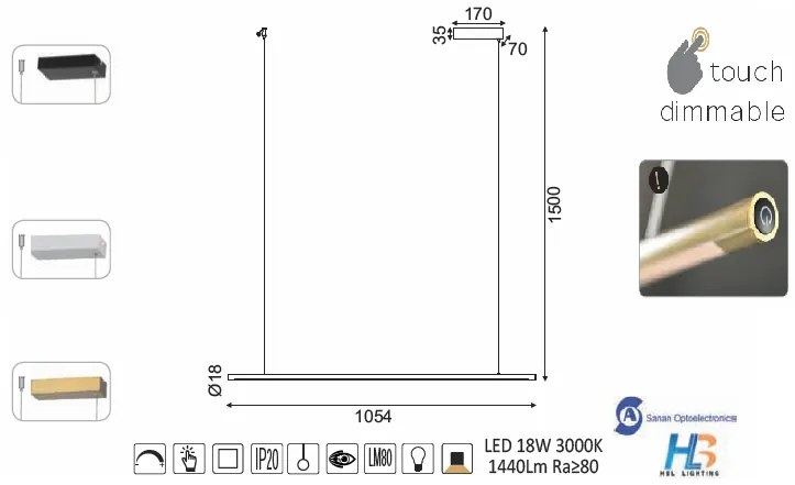ACA DECOR LED závěsné svítidlo AVENUE 18W/230V/3000K/1440Lm/120°/IP20/DIM, Flicker free
