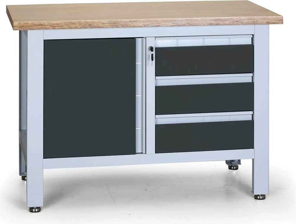 Pracovní stůl do dílny G6, 3 zásuvky ,1 skříňka, 1200 x 600 x 860 - 900 mm, grafit