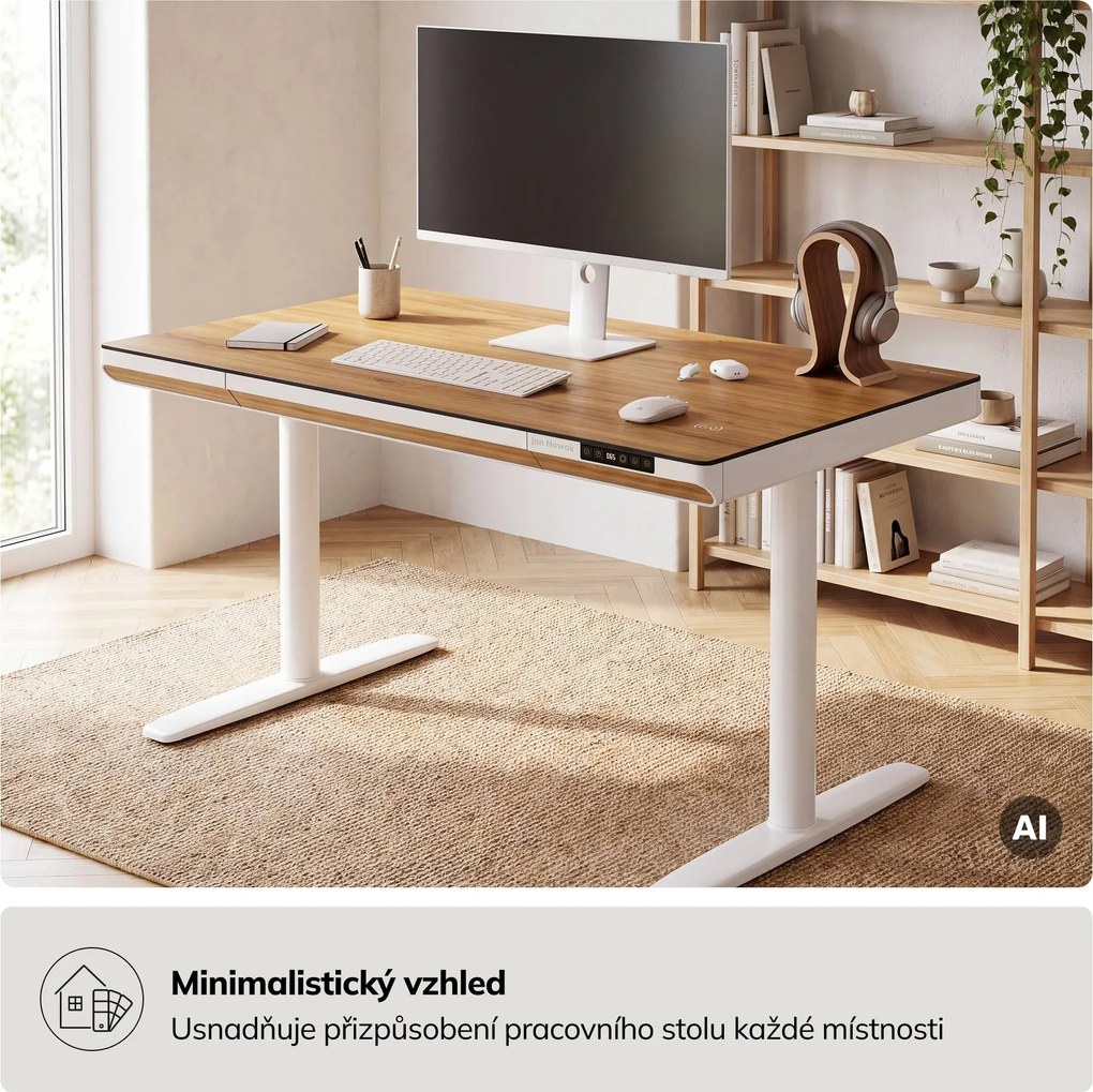 Elektrický psací stůl sit-stand se zásuvkou a bezdrátovou nabíječkou Qi bílý/zlatý dub, 1200 mm: ELLIS