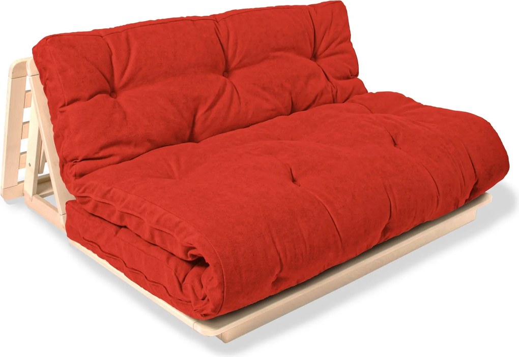 Marior Home Rozkládací futonové křeslo / pohovka Layti - 140 cm / Červená / Přírodní buk olejovaný