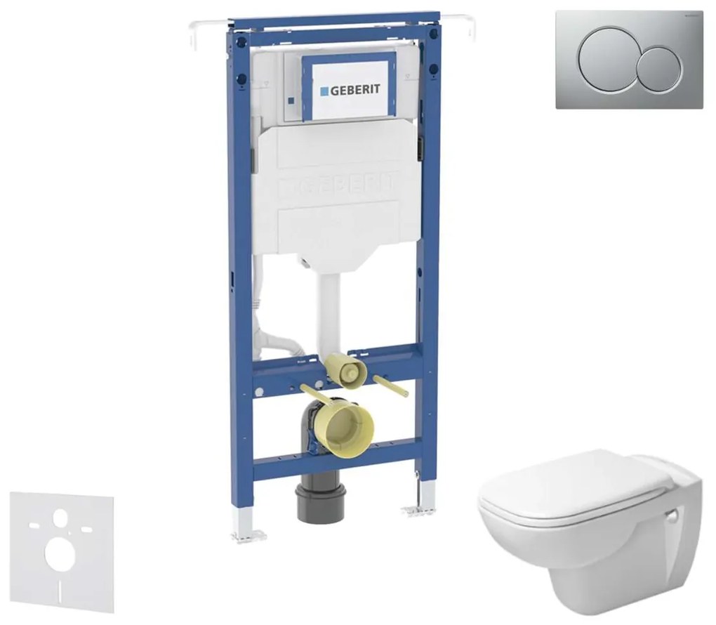 Geberit Duofix - Set předstěnové instalace, klozetu a sedátka Duravit D-Code, tlačítka Sigma01, Rimless, SoftClose, matný chrom SANI11CP2100