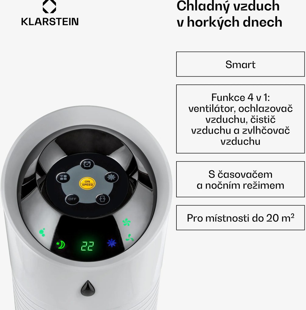 Klarstein Skyscraper Ice 4 v 1, ventilátor, ochlazovač vzduchu, čistička vzduchu, zvlhčovač vzduchu, 180 m³/h, 45 W, oscilace, mobilní, dálkové ovládání