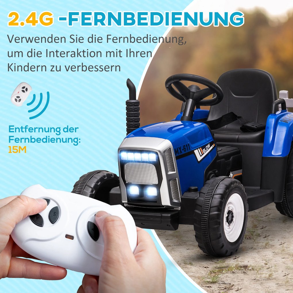 HOMCOM Elektrický dětský traktor s dálkovým ovládáním a přívěsem, MP3 světlomet, 3-6 km/h, pro děti od 3 do 6 let, modrý |