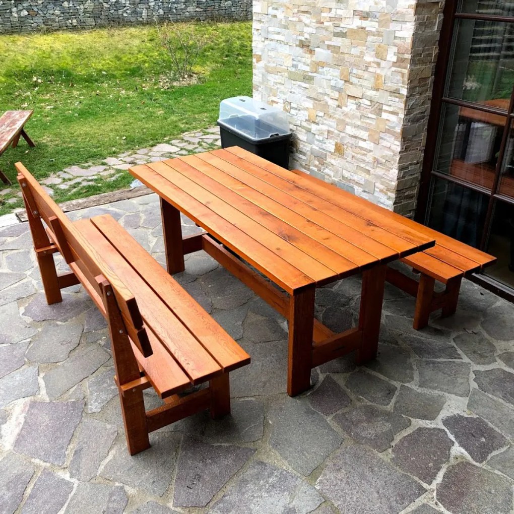 KULHÁNEK Zahradní dubová sestava - stůl, 1x lavice s opěradlem, 1x lavice bez opěradla (klasické provedení) Délka: 230 cm, Odstín nátěru: individuální