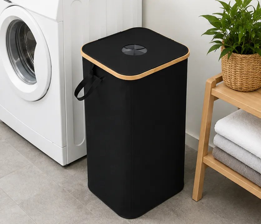 koš na prádlo, objem 100+ l, s víkem, 2 odnímatelné tašky, látka/bambus, 75x43x32 cm, černá/přírodní, Dekorino KP20260003