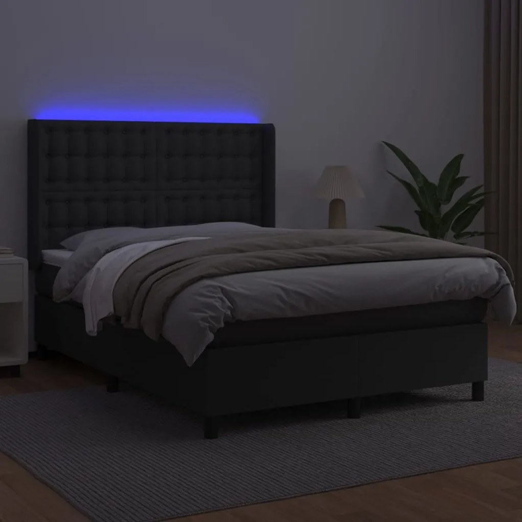 Box spring postel s matrací a LED černá 140x200 cm umělá kůže 3139385