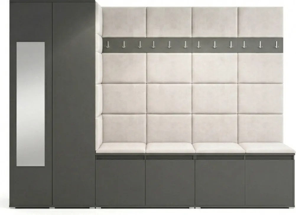 Předsíňová stěna Trinity 9 s čalouněnými panely, 290 cm, grafit/ krémově bílá