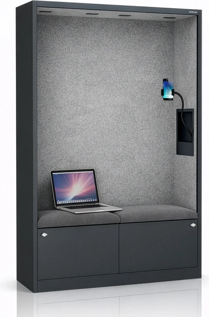 Kancelářská akustická kabina se sedátkem a USB-C portem, korpus antracitový / sedák šedá, 1150 mm: SALLY MentalBox