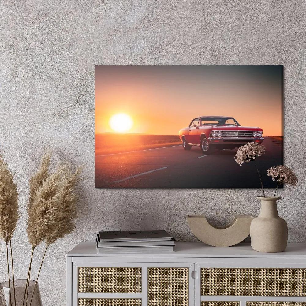Obraz Retro Auto A Západ Slunce Nedostatek Nedostatek Přírodní plátno 40x30
