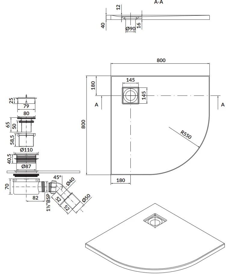 Cersanit Tako Slim, čtvrtkruhová sprchová vanička 80x80x4 cm + bílý sifon, bílá matná, S932-155