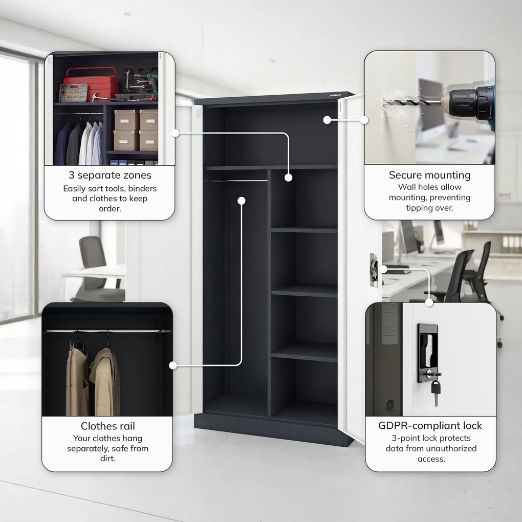 Uzamykatelná úklidová skříň antracitovo-bílá DAWID 900 x 1850 x 450 mm