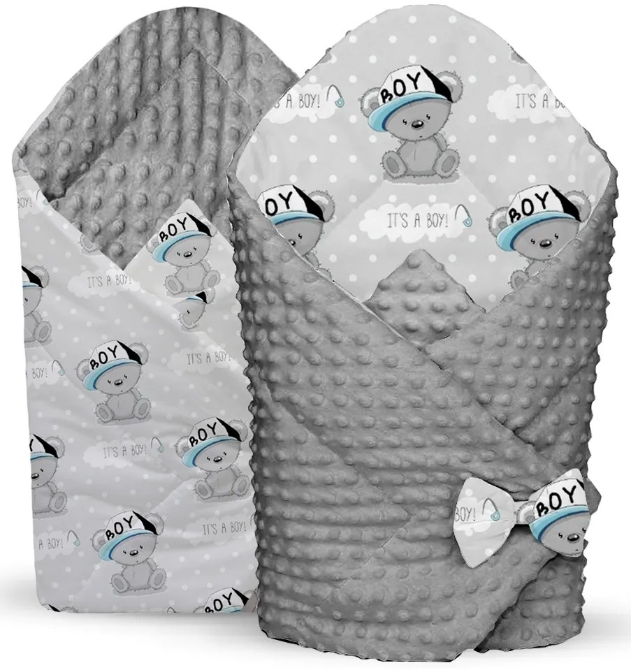 Oboustranná zavinovačka pro miminka 80x80 cm BABYMAM PREMIUM - Medvídek LITTLE BOY s šedou minky