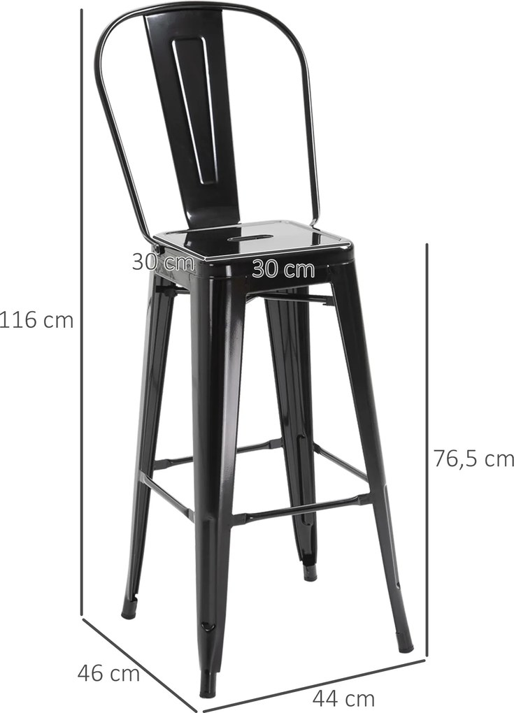 HOMCOM Sada 4 Stackable Barových Židlí Průmyslové Barové Křeslo s Opěrkou a Podnožkou, Výška Sedáku 76 cm, Černý Kov