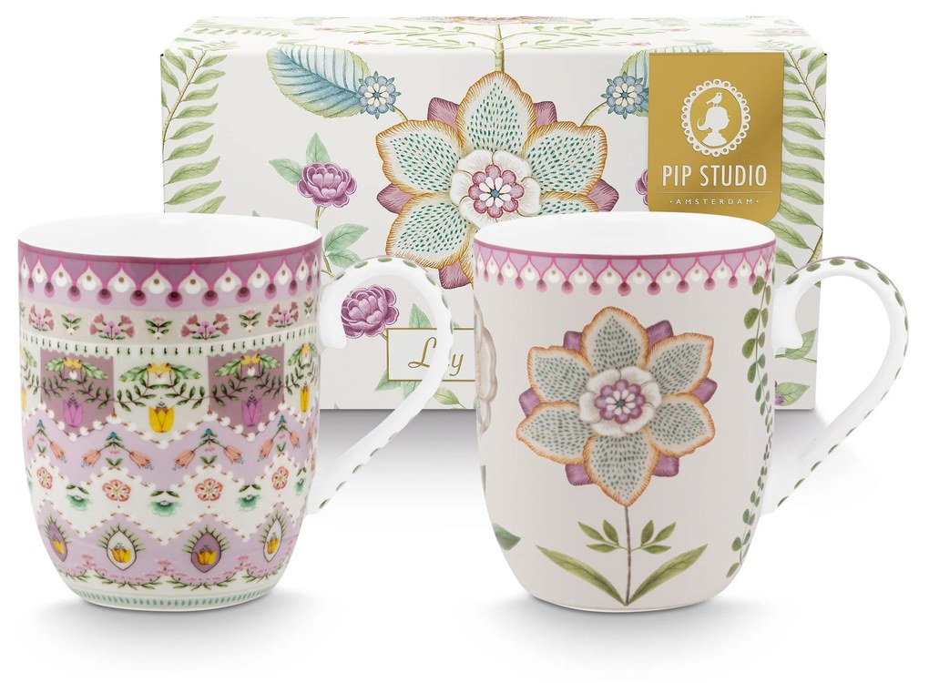 Pip Studio Lily &amp; Lotus sada 2 hrnků 180ml, lila (sada 2 hrnků v dárkovém balení)