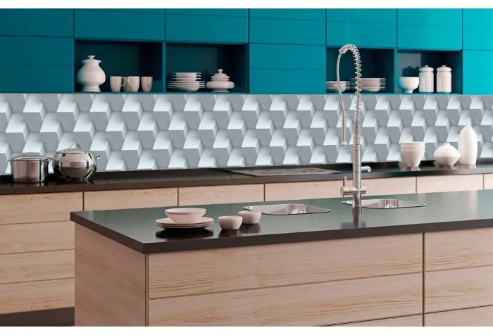DIMEX | Fototapeta do kuchyně 3D krychlová zeď KI-350-096 | 350 x 60 cm | bílá, šedá
