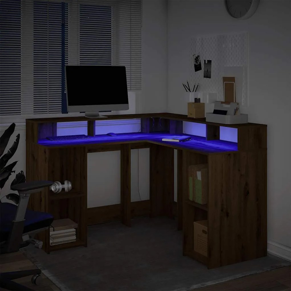 Psací stůl s LED dub artisan 130 x 130 x 91 cm kompozitní dřevo 3309455