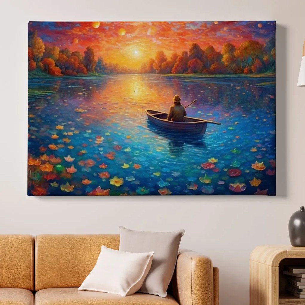 Obraz na plátně - Muž na pramici při západu slunce FeelHappy.cz Velikost obrazu: 90 x 60 cm