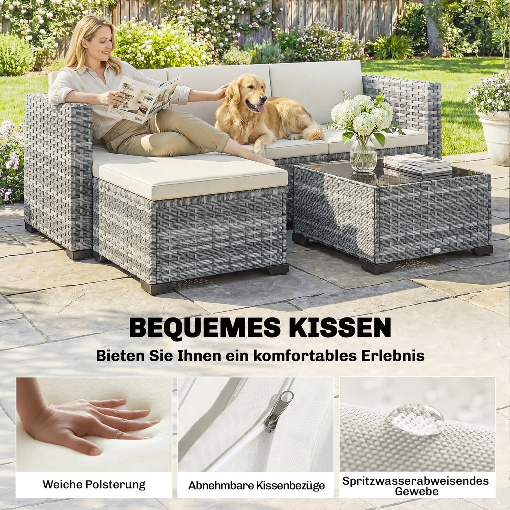 Polyratanový zahradní nábytek 5dílný, lounge set s rohovou pohovkou s taburetem, sedákem a opěrnými polštáři šedý+krémově bílý