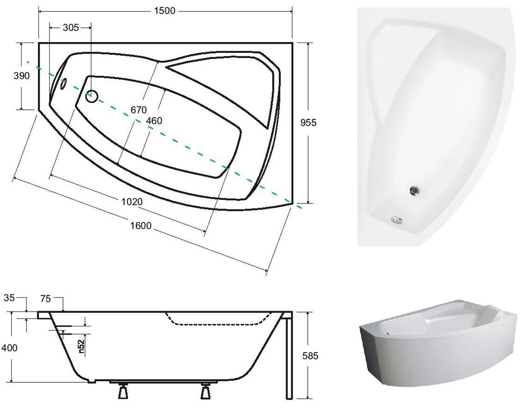 Besco Rima 150x95 akrylátová vana Délka vany: 150cm, Orientace: Pravá