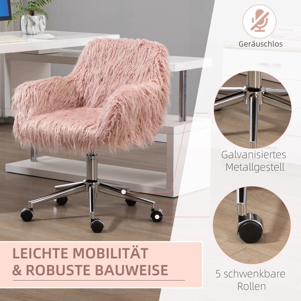 Kancelářská židle Vinsetto pro ženy, výškově nastavitelná kancelářská židle, ergonomická, umělá kožešina, růžová+stříbrná
