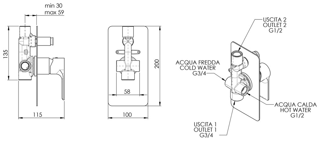 Sapho, PAX podomítková sprchová baterie, 2 výstupy, černá matná, XA42/15