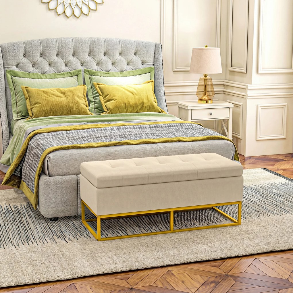 HOMCOM Lavice s úložným prostorem Čalouněná lavice s výklopným víkem v béžovém sametovém vzhledu Lavice s ocelovými nohami 110x44x49 cm do předsíně o…