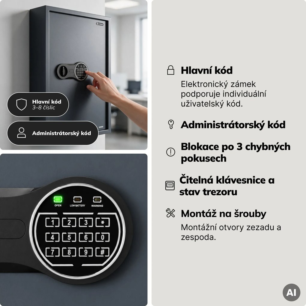 Skříňka na klíče elektronická s vhozem a kódovým zámkem, na 133 klíčů, 430x665x130 mm: BRUCE