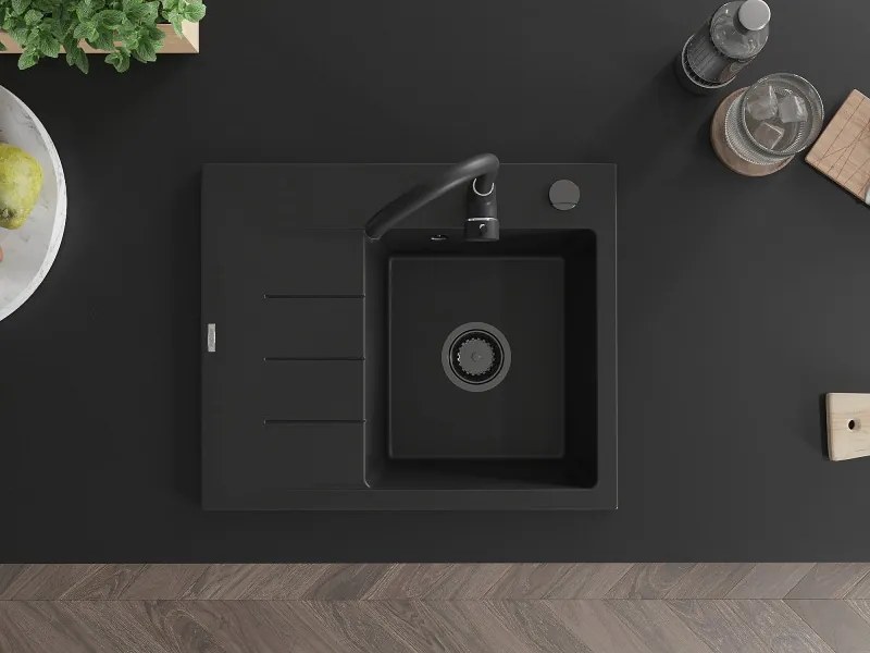 Mexen Ben, 1-komorový granitový dřez 600x500x190 mm, pravý + černý sifon, černá, 6523605000-77-B