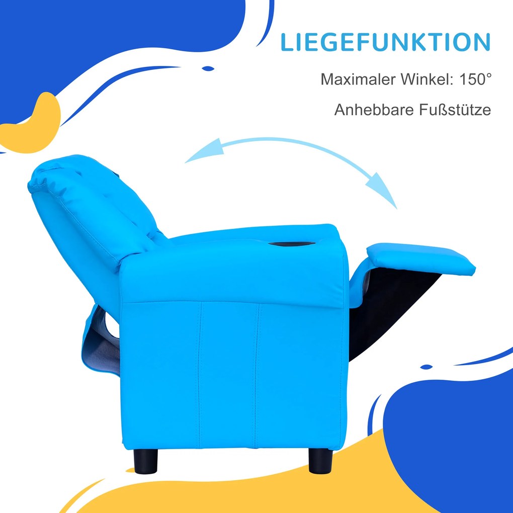 HOMCOM Dětské křeslo s funkcí polohování Mini pohovka pro děti 3-6 let Modrá s držákem na nápoje 62x52x69cm ideální do dětských pokojů