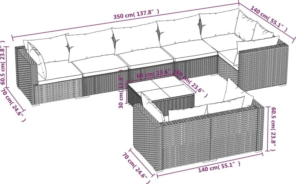 vidaXL 9dílná zahradní sedací souprava s poduškami polyratan [3102490] Barva: Hnědá a skořicová červená