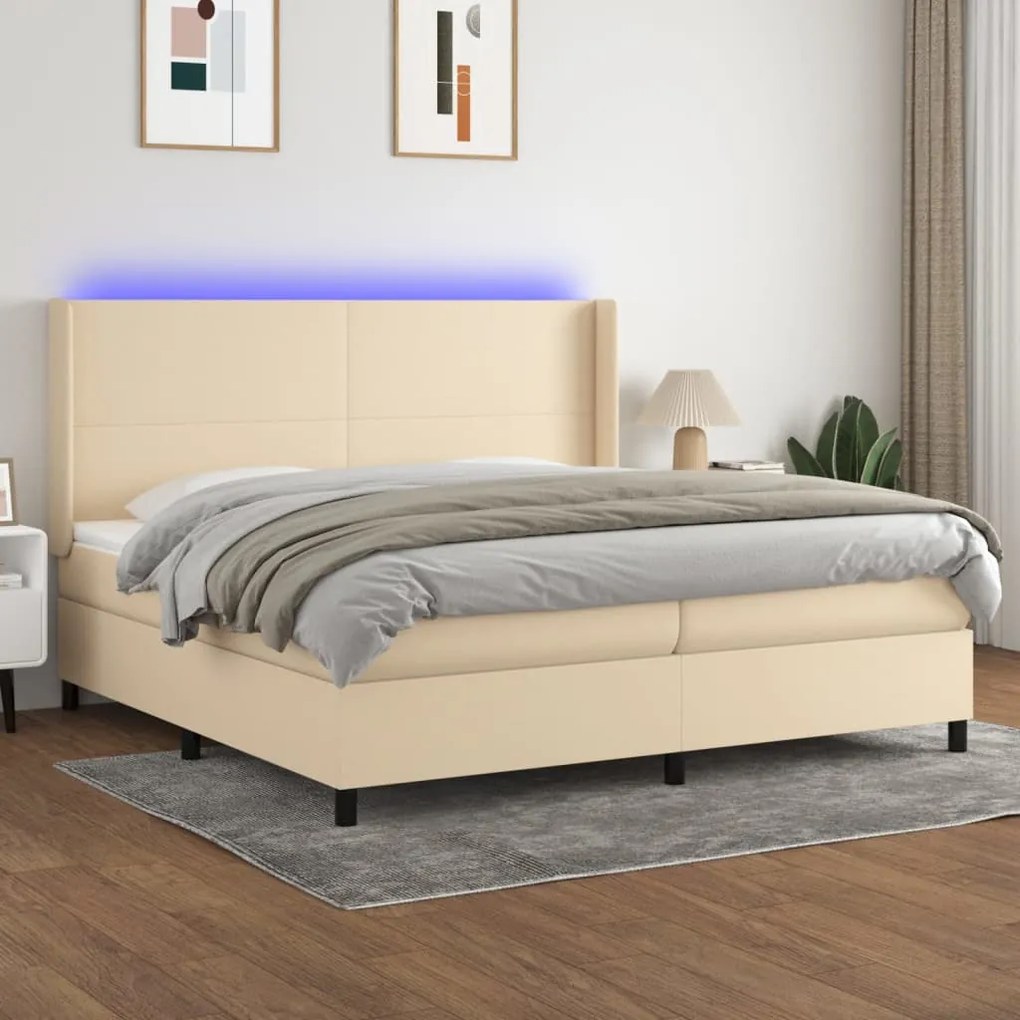 Box spring postel s matrací a LED krémová 200x200 cm textil 3138186