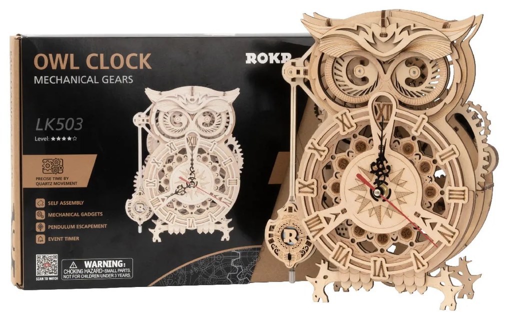 RoboTime 3D dřevěné mechanické puzzle Soví hodiny